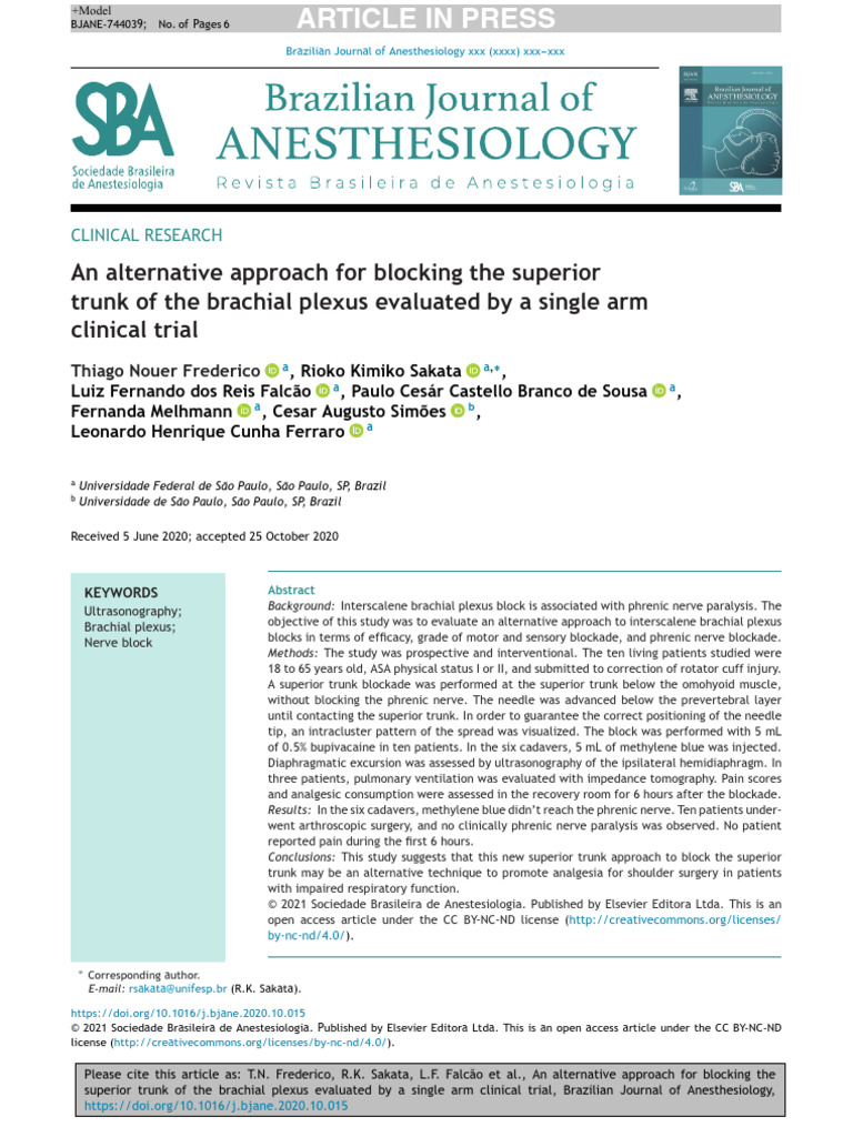 Superior Trunk Brachial Plexus Block Study | PDF | Anesthesia | Nervous ...