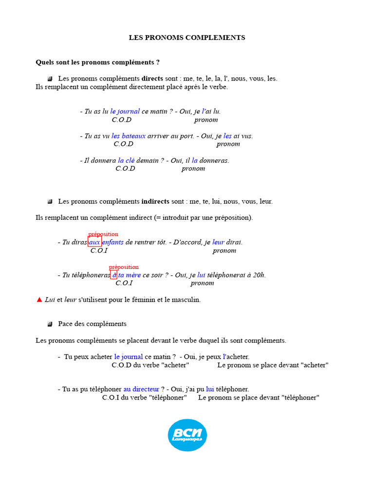 Pronoms Complements | PDF