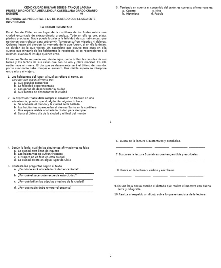 Prueba Diagnostica Grado Cuarto 2023 | PDF