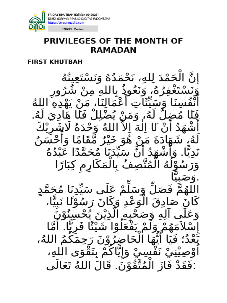 Ramadan Khutbah: Embracing Piety | PDF | Abrahamic Religions | Islamic Belief And Doctrine