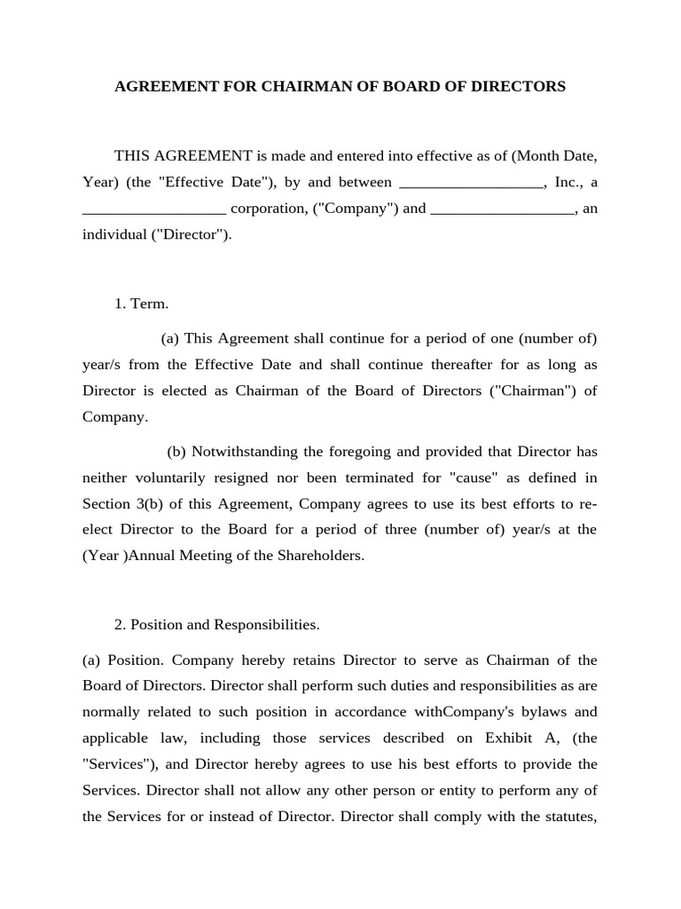 Chairman of Board Agreement Template | PDF | Board Of Directors | Non ...