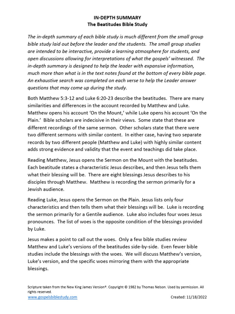 Beatitudes Indepth Summary | PDF | Beatitudes | Gospel Of Matthew