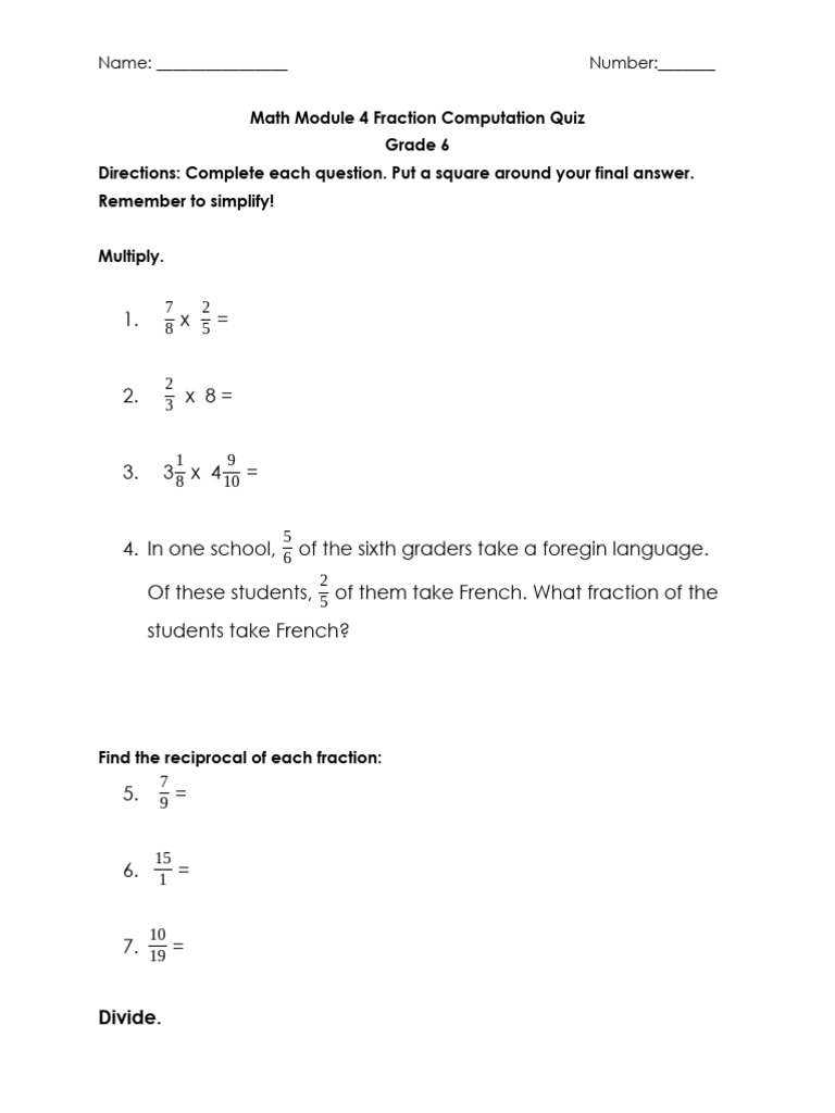 FractionMultiplicationandDivisionQuizGoMathGrade6Module4EDITABLE 1 | PDF