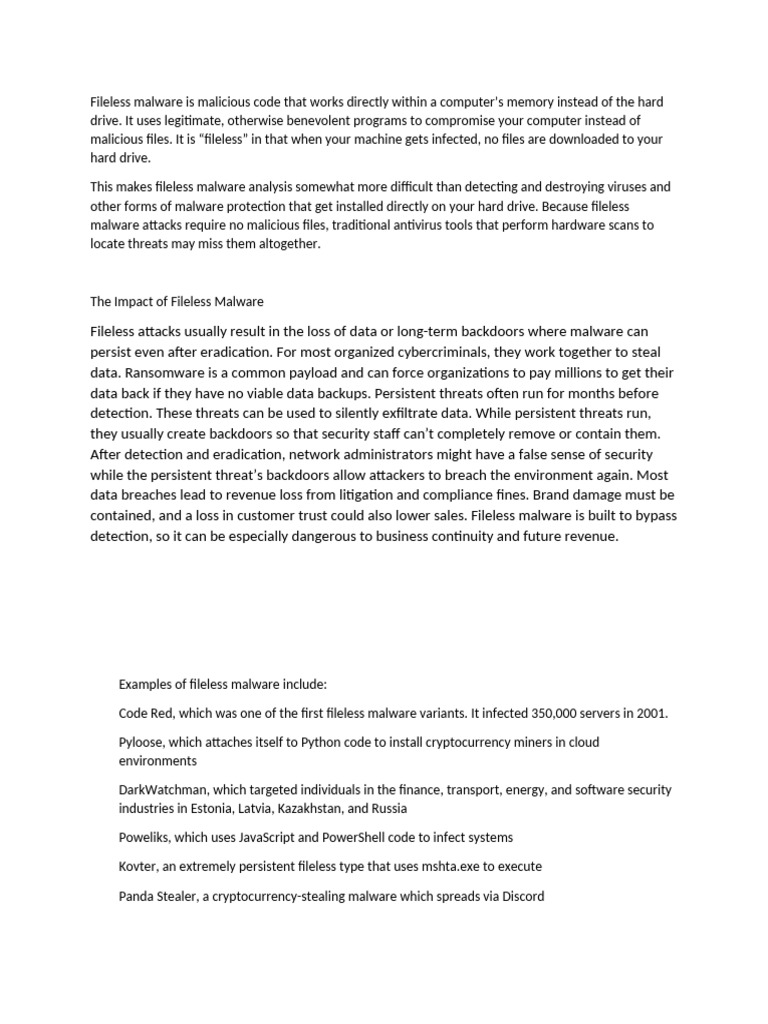 Fileless malware is malicious works directly within a computer | PDF ...