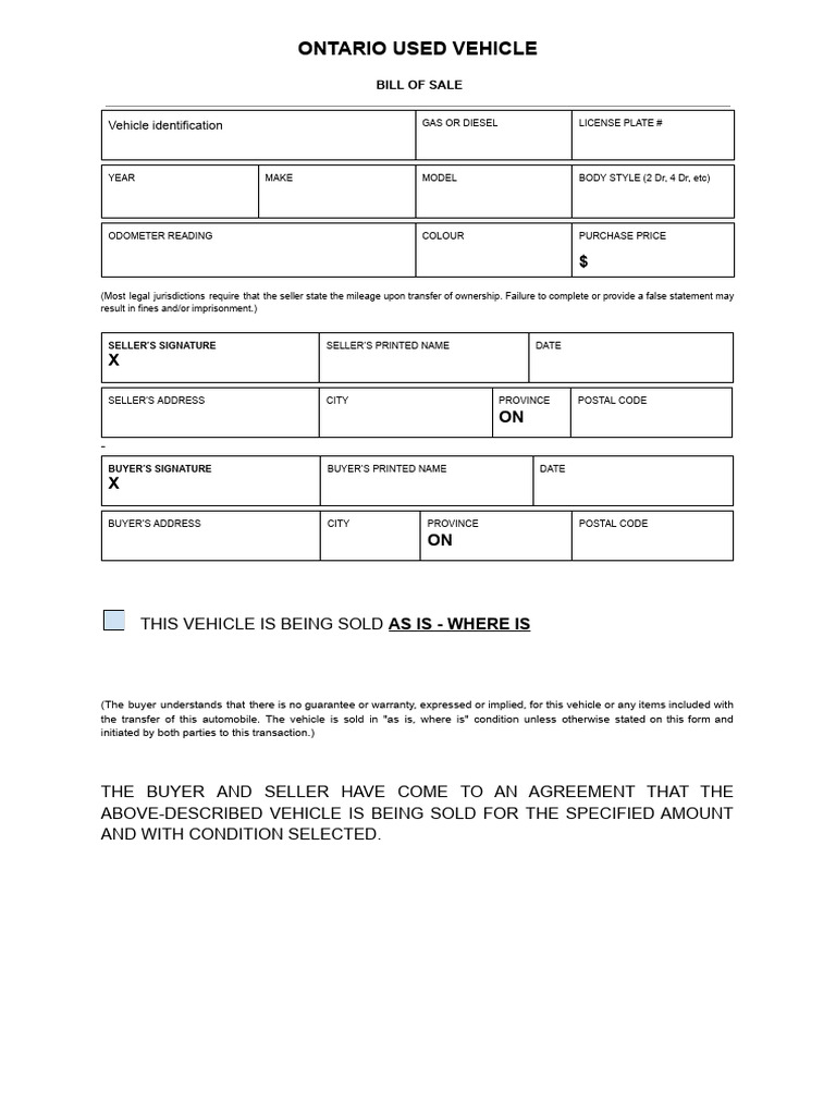 Ontario Used Vehicle Bill of Sale | PDF
