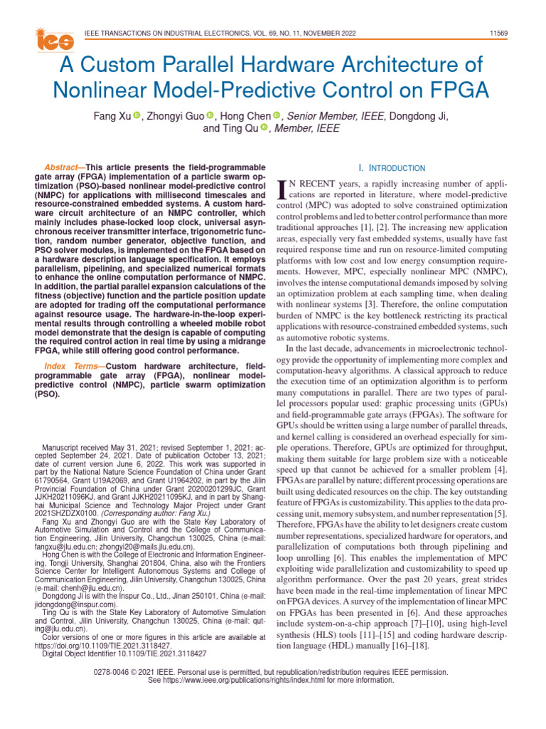 A Custom Parallel Hardware Architecture Of Nonlinear Model Predictive Control On Fpga Pdf