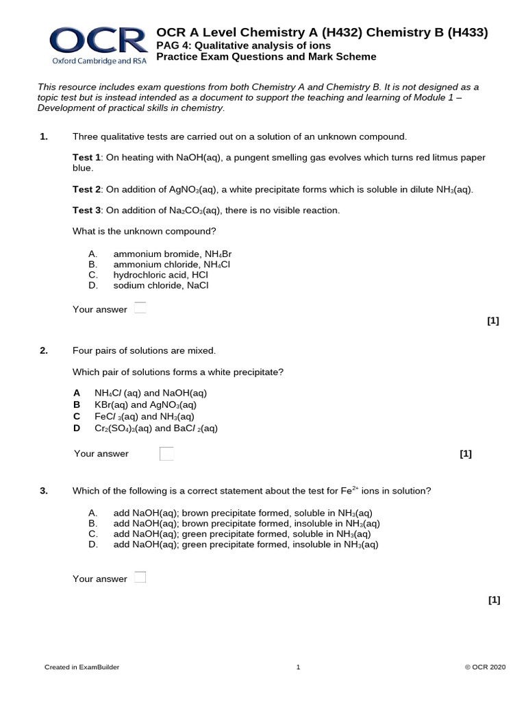 PAG 4 Chemistry Questions | PDF | Precipitation (Chemistry) | Ion