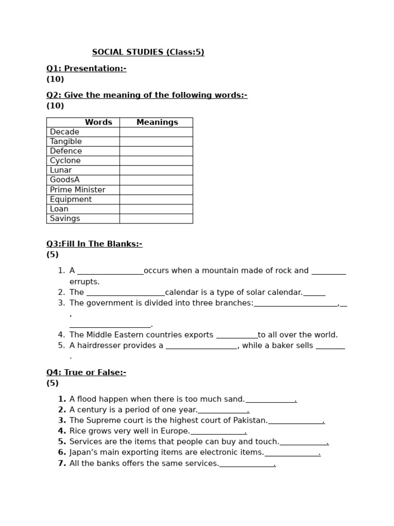 S.ST (Class-5) Annual Paper | PDF | Calendar | Pakistan