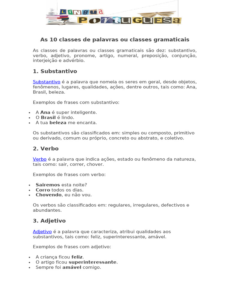 As 10 classes de palavras ou classes gramaticais- assunto | PDF ...