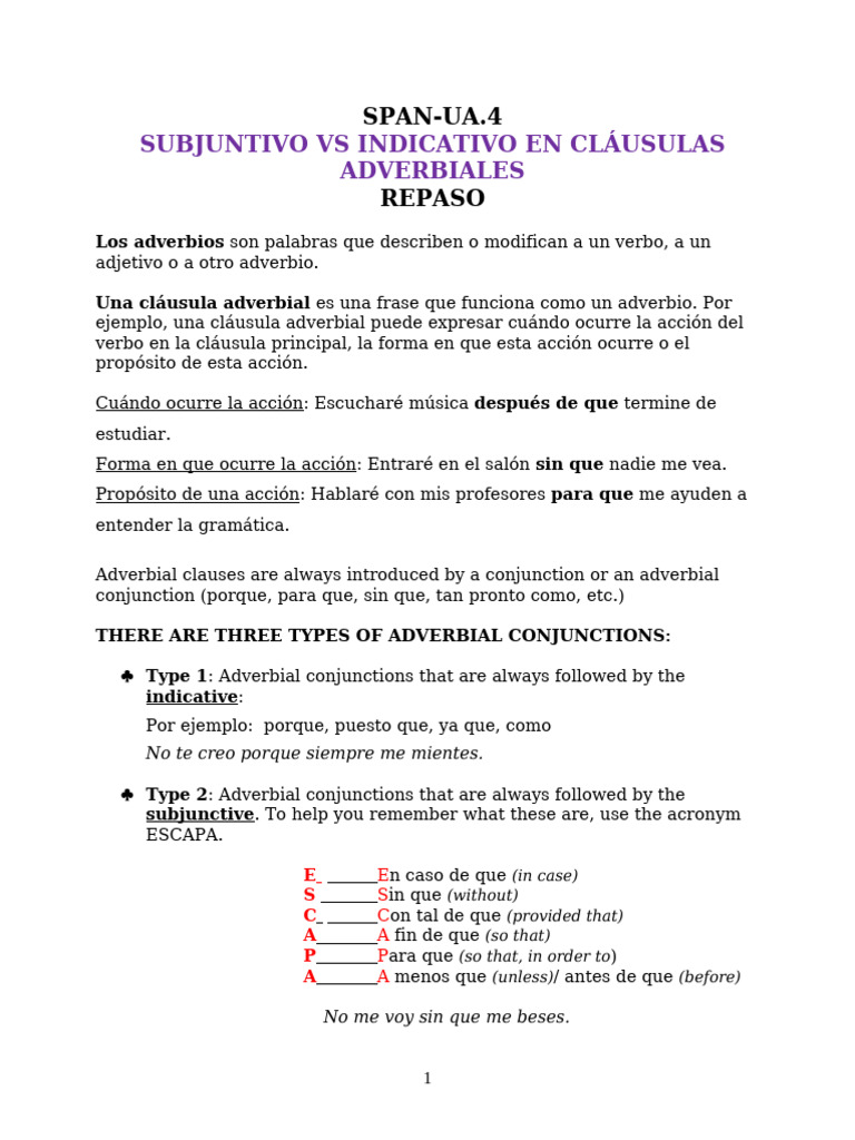 Subjuntivo Vs Indicativo-Adverbiales | PDF | Adverbio | Gramática