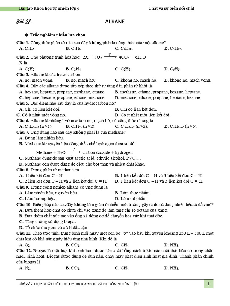 KHTN 9 - HK 1 - Bài 21. Alkane - Bài Tập | PDF