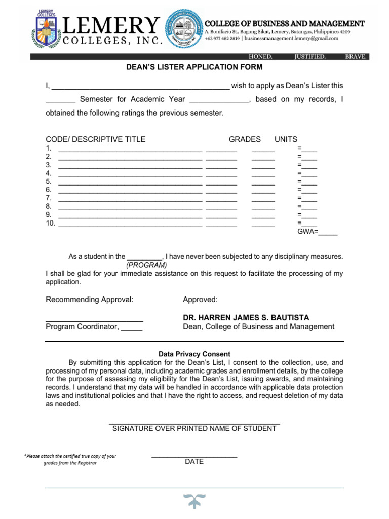 Dean's Lister Application Form | PDF