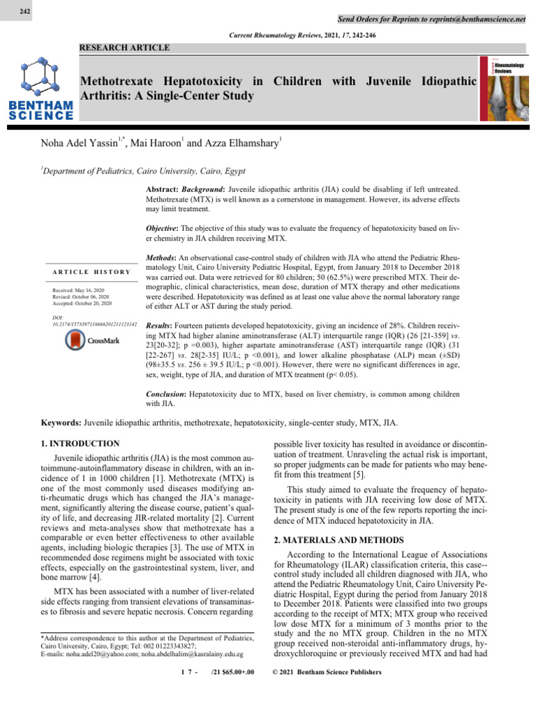 Methotrexate Hepatotoxicity in Children With Juvenile Idiopathic ...