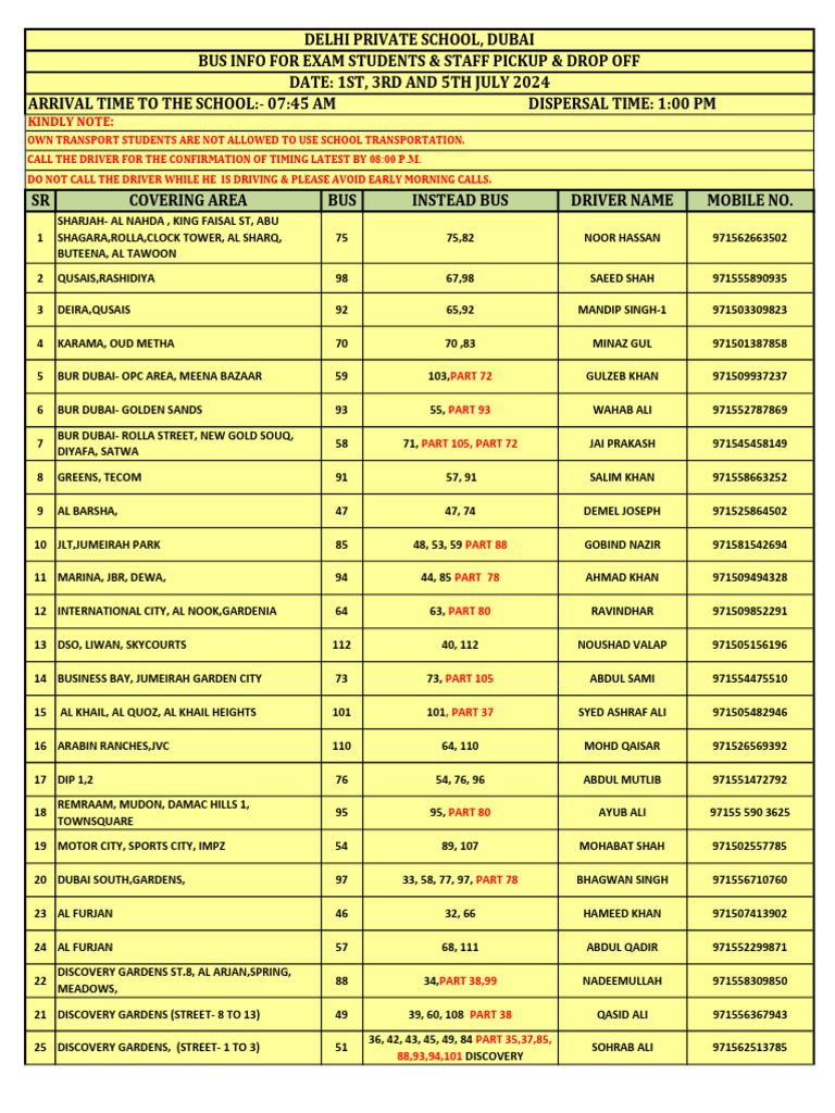 26 BUS SCHEDULE FOR EXAM STUDENTS AND STAFF PICKUP AND DROP OFF FOR 1ST ...