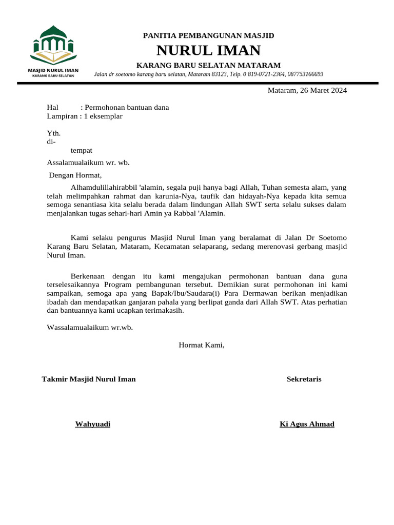 Permohonan Dana Renovasi Masjid | PDF