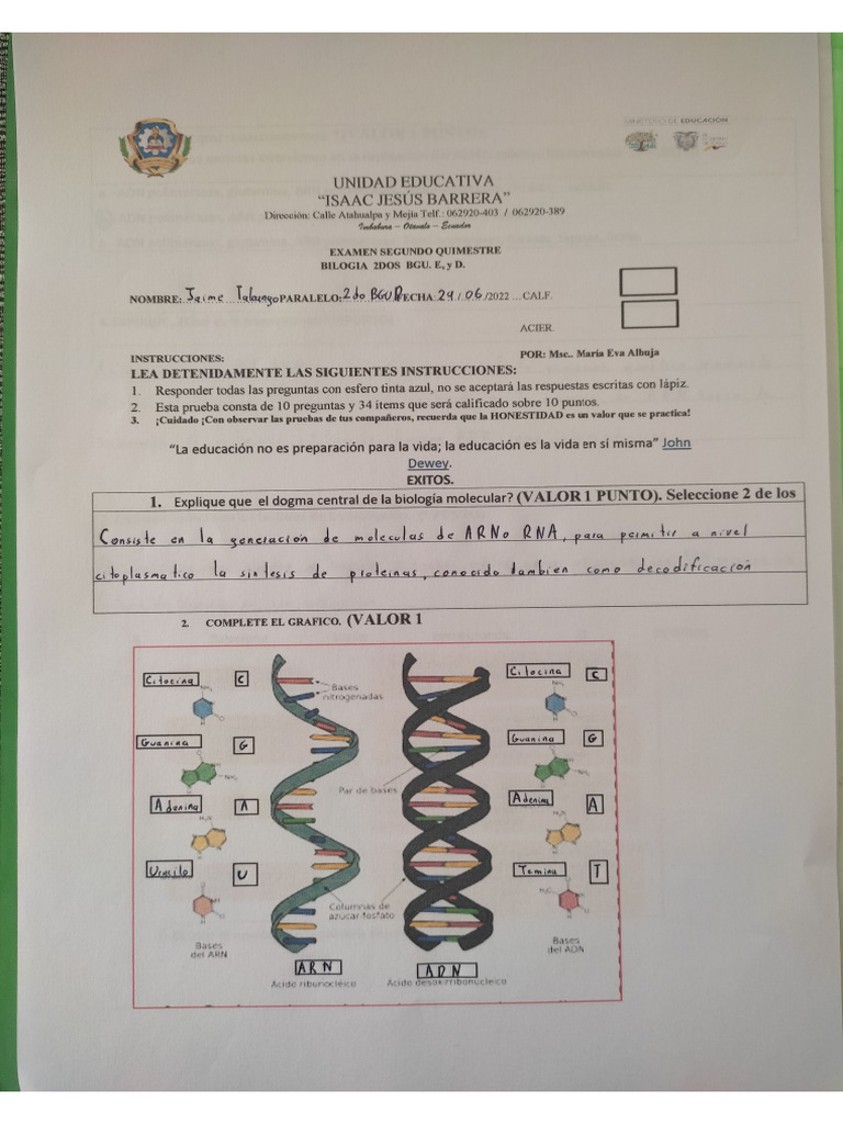 Examen Biología Jaime Tabango 2do BGU D | PDF