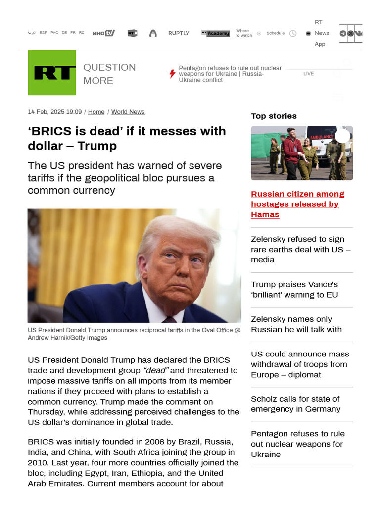 BRICS Is Dead' If It Messes With Dollar - Trump - RT World News | PDF ...