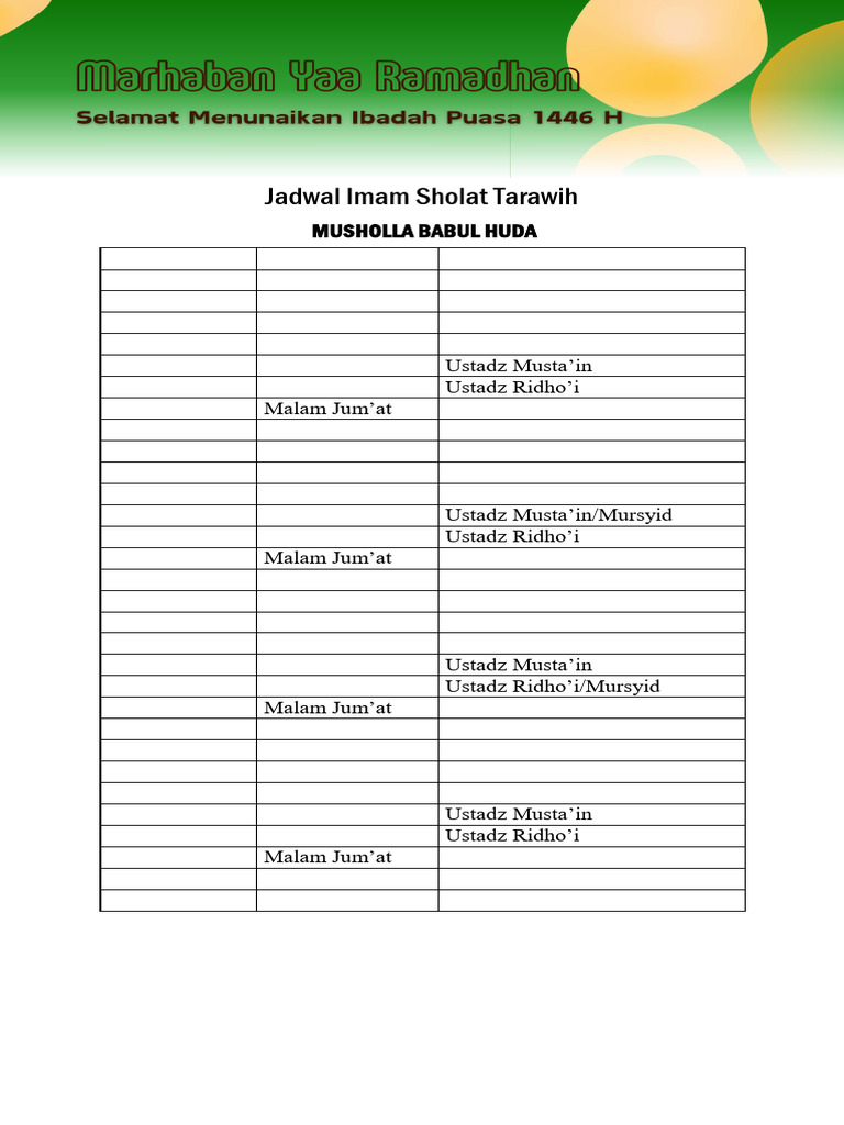 Jadwal Imam Sholat Tarawih 2025 | PDF