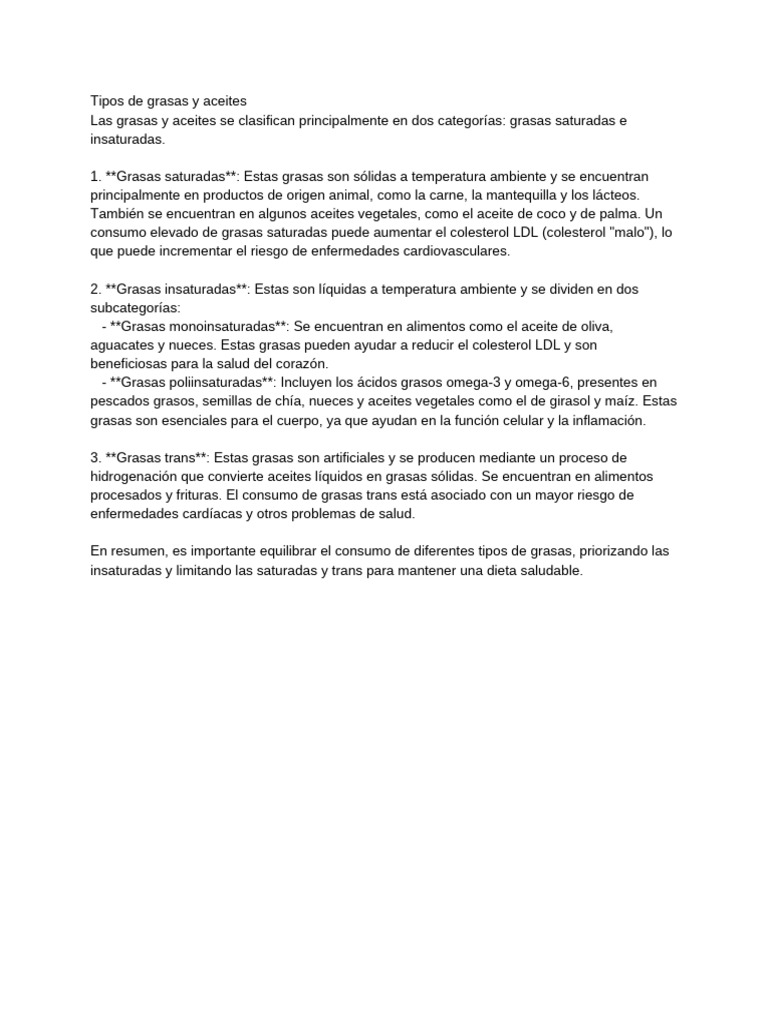 Tipos de grasas: saturadas e insaturadas | PDF