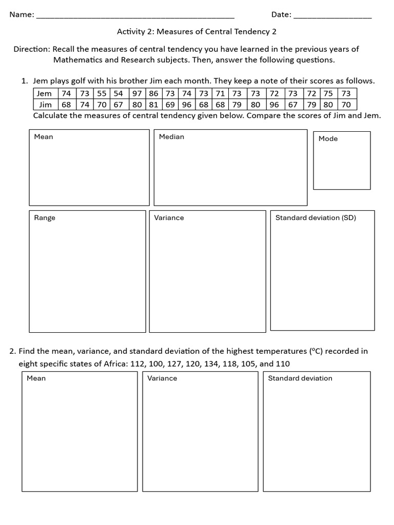 Measures of Central Tendency Activities | PDF