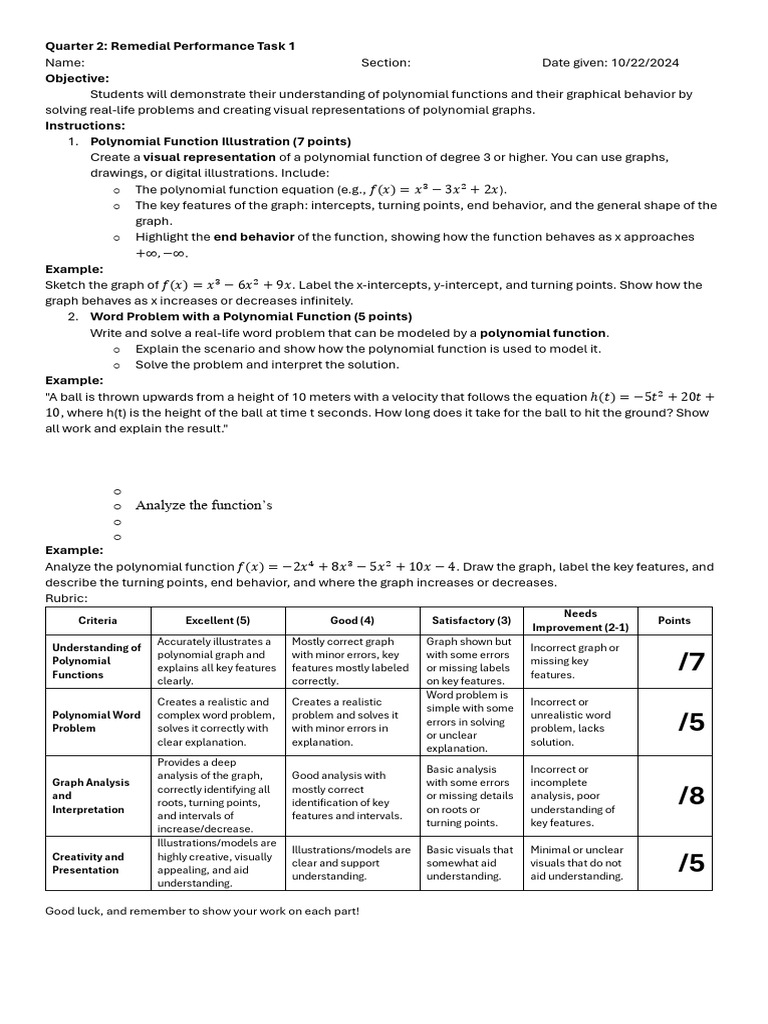 Quarter 2 - Remedial Performance Task 1 | PDF | Polynomial | Function (Mathematics)