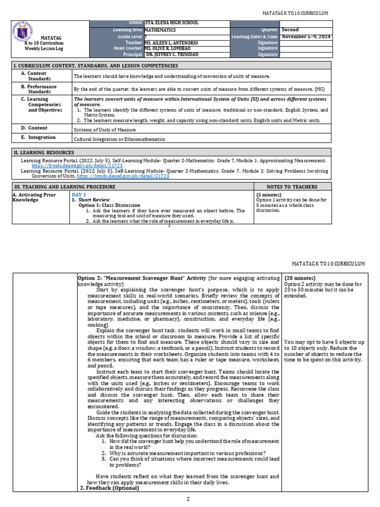 DLL MATATAG _MATHEMATICS 7 Q2 W2 | PDF | Measurement | Gallon