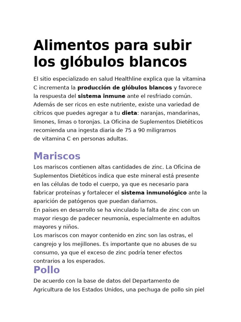 Alimentos para Subir Los Glóbulos Blancos | PDF