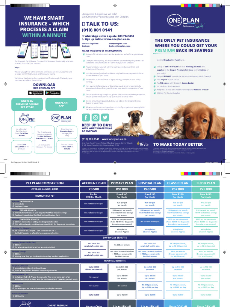 Oneplan Pet Comparison Brochure Print 2024 | PDF | Insurance | Underwriting