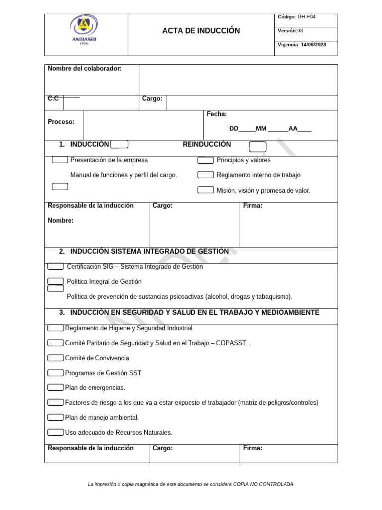 GH-F04 Acta de Induccion | PDF | Sistema de manejo de calidad