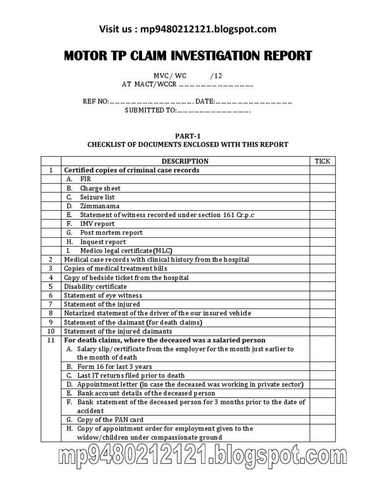MOTOR TP CLAIM Investigation REPORT - National Insurance Company ...