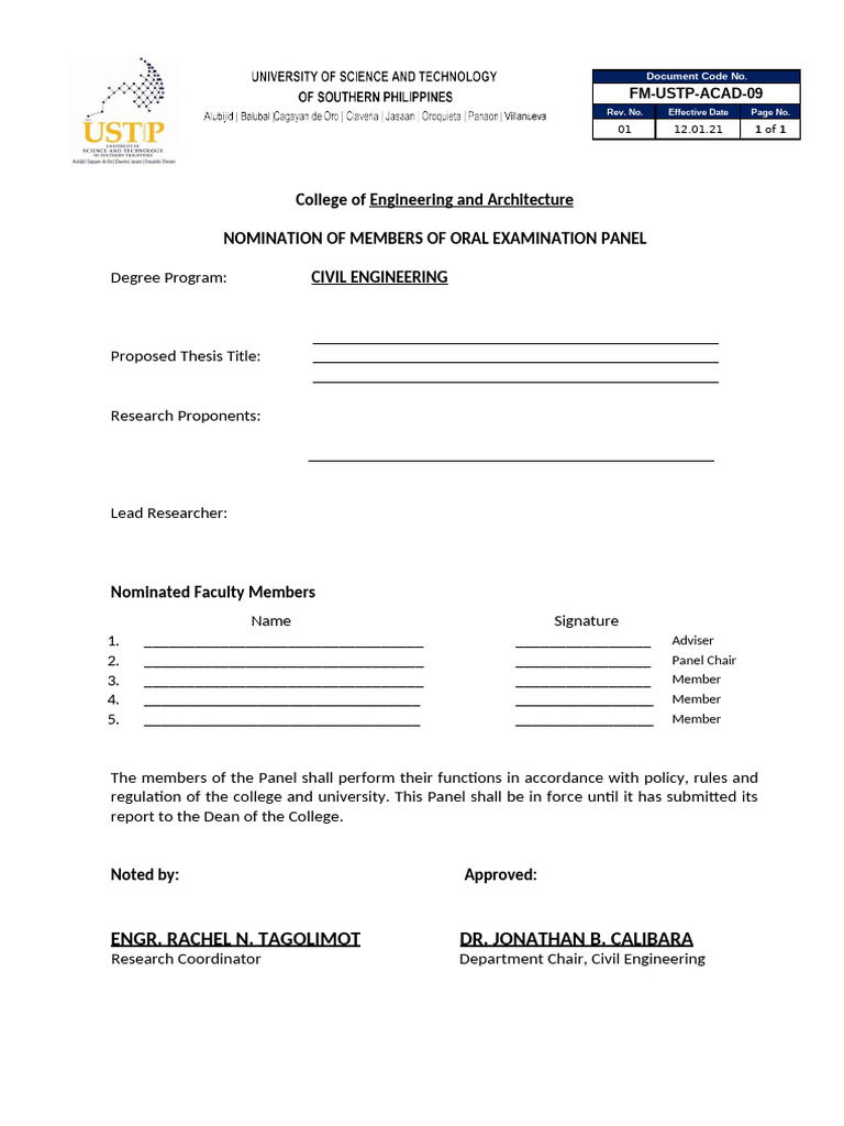 Nomination of Members of Oral Examination Panel | PDF