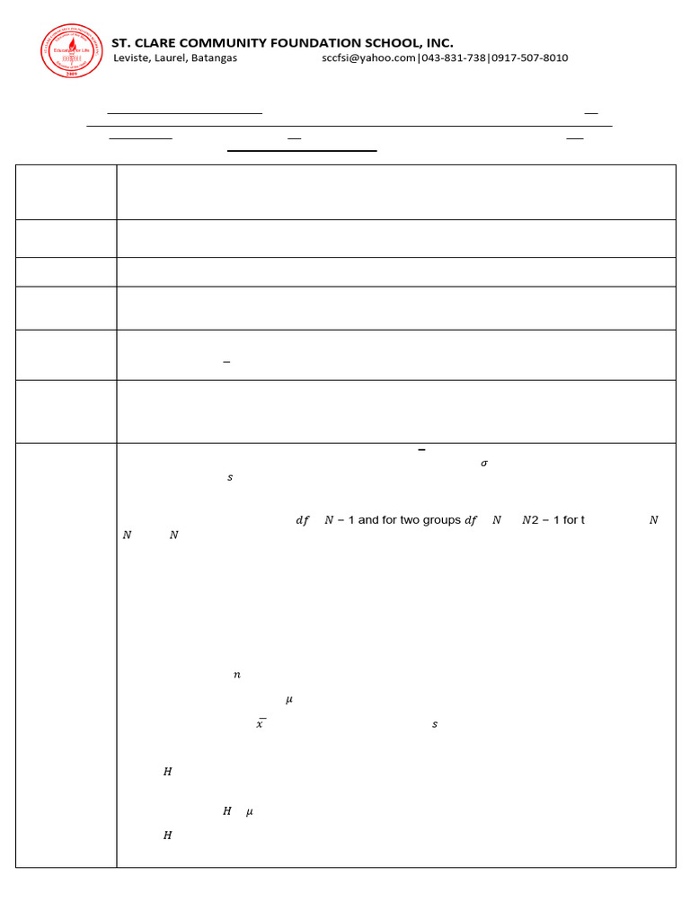 T-Test Lesson Plan for Grade 11 Statistics | PDF | Statistics | Student ...