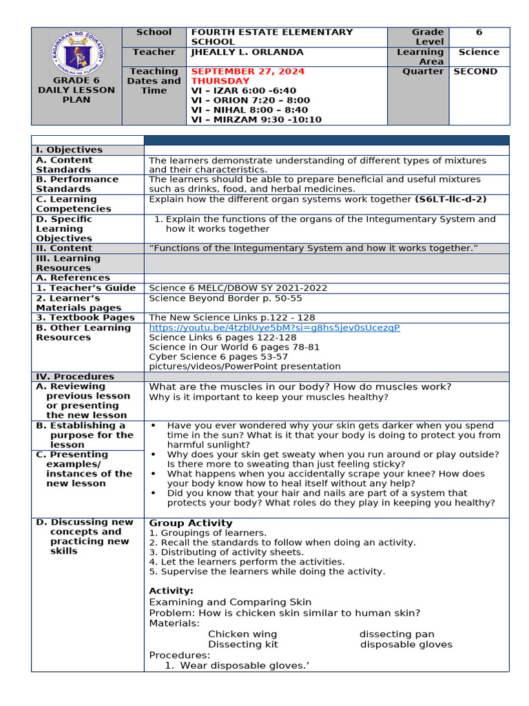Grade 6 Science Lesson Plan: Integumentary System | PDF | Skin ...