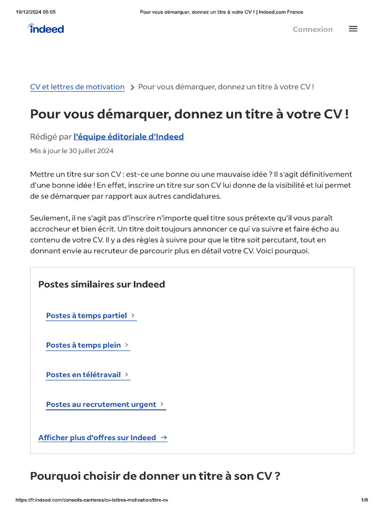 Pour Vous Démarquer, Donnez Un Titre À Votre CV ! - Indeed | PDF