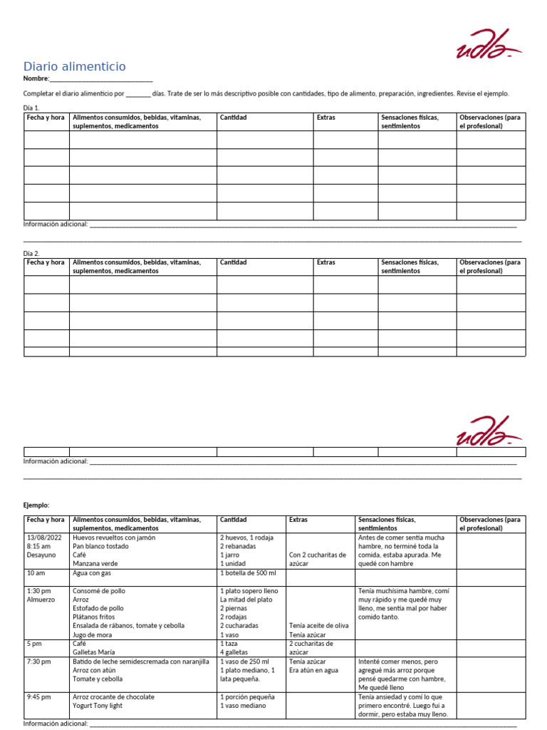 Diario Alimenticio Detallado para Seguimiento | PDF | Cocinando | Alimentos