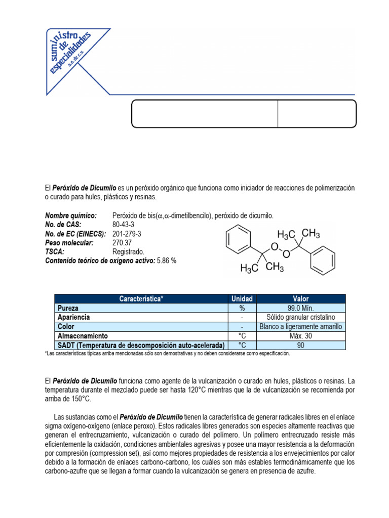 Ficha Técnica Peróxido de Dicumilo | PDF | Peróxido | Polímeros