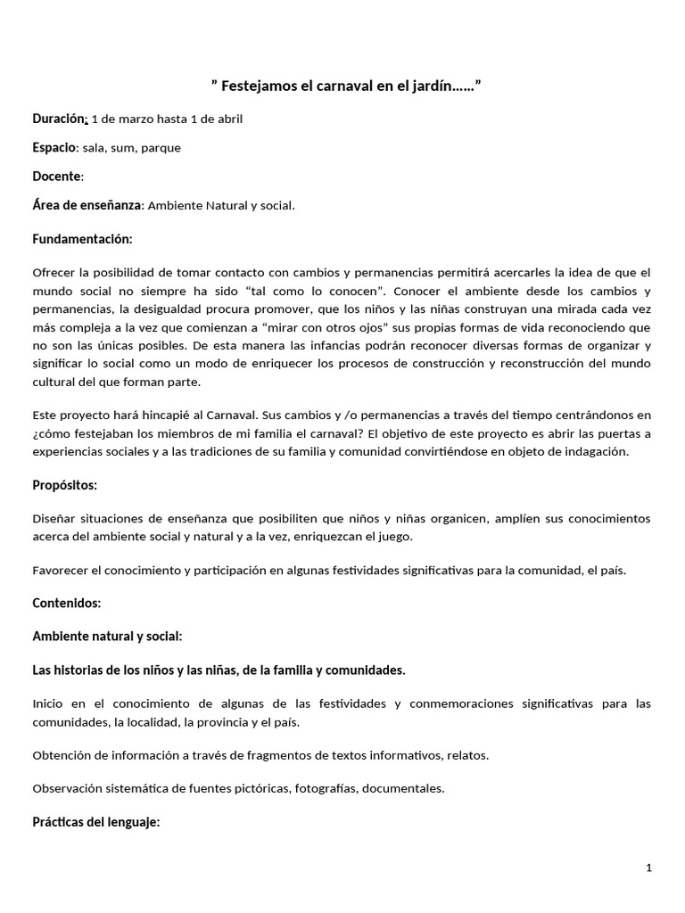 2023 - Jardin - Proyecto - Festejamos El Carnaval en El Jardin | PDF ...