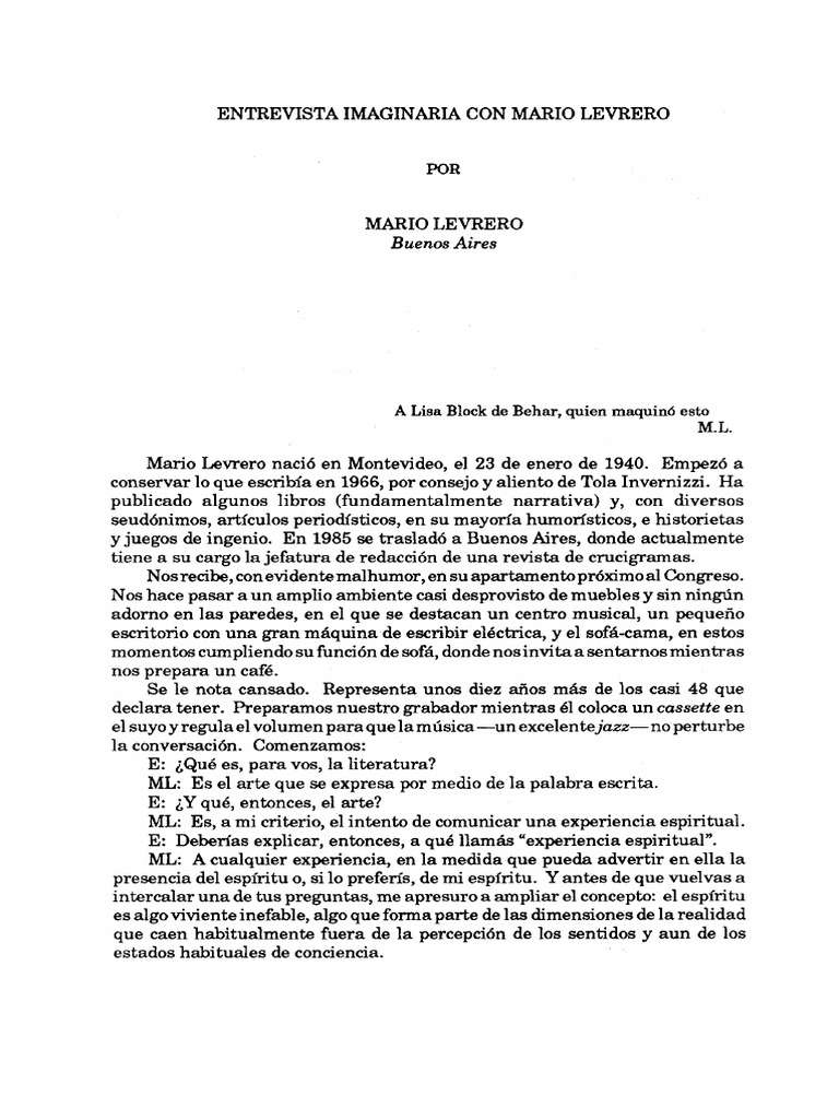 Levrero 2023 Entrevista Imaginaria Con Mario Levrero | PDF | Realidad ...