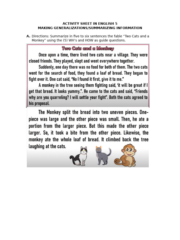 Activity Sheet in English 5 (Making Generalizations) | PDF