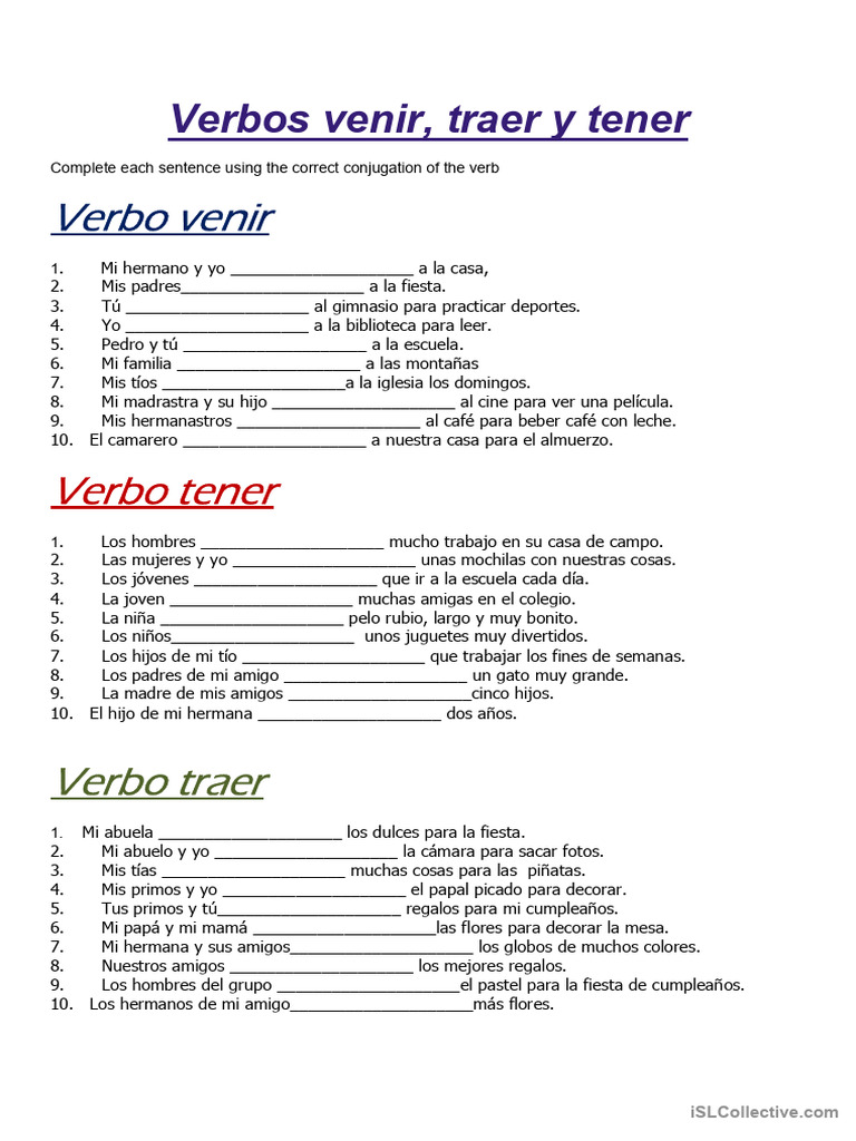 Verbos venir, traer y tener | PDF
