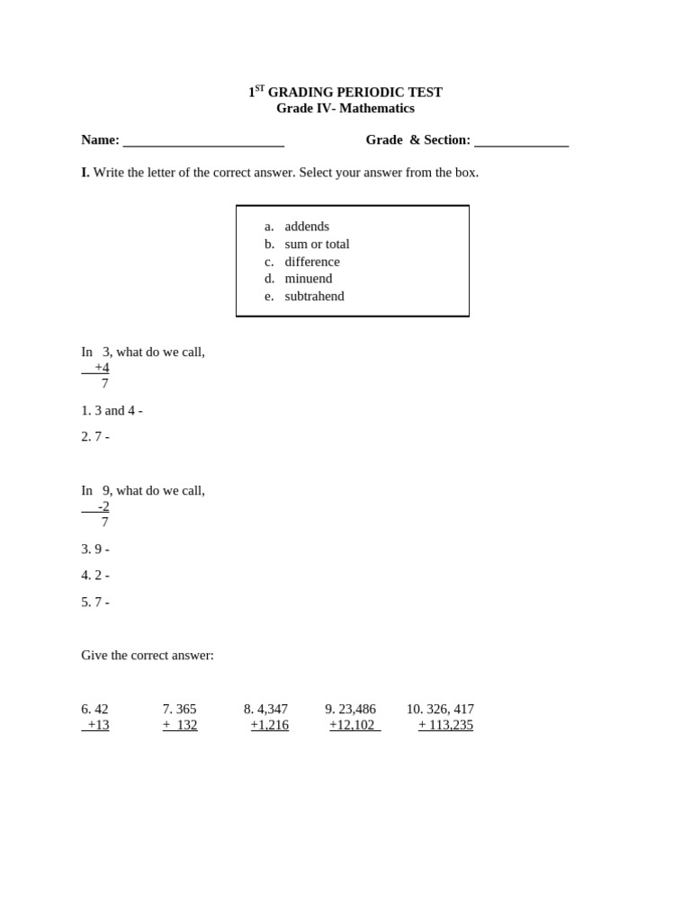 Grade IV Math 1st Grading Test | PDF