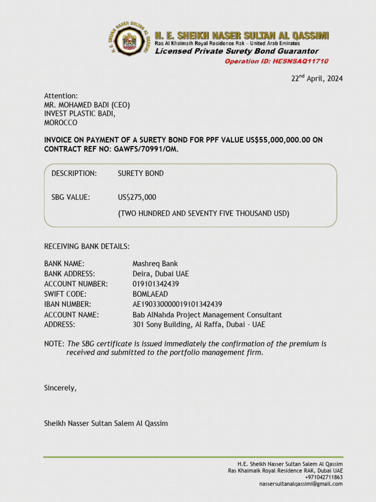 Surety Bond Invoice for PPF Payment | PDF