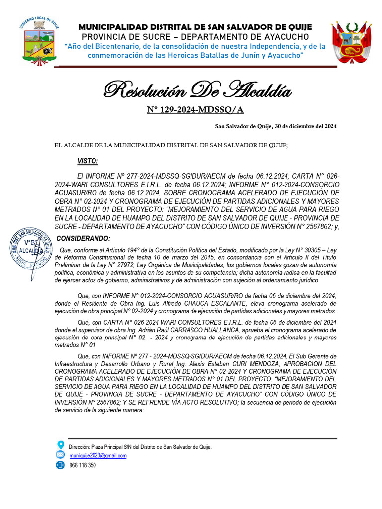 RA Nº 129 CRONOGRAMA DE EJECUCION DE OBRA N° 02 RIEGO HUAMPO | PDF | Gobierno local | Justicia