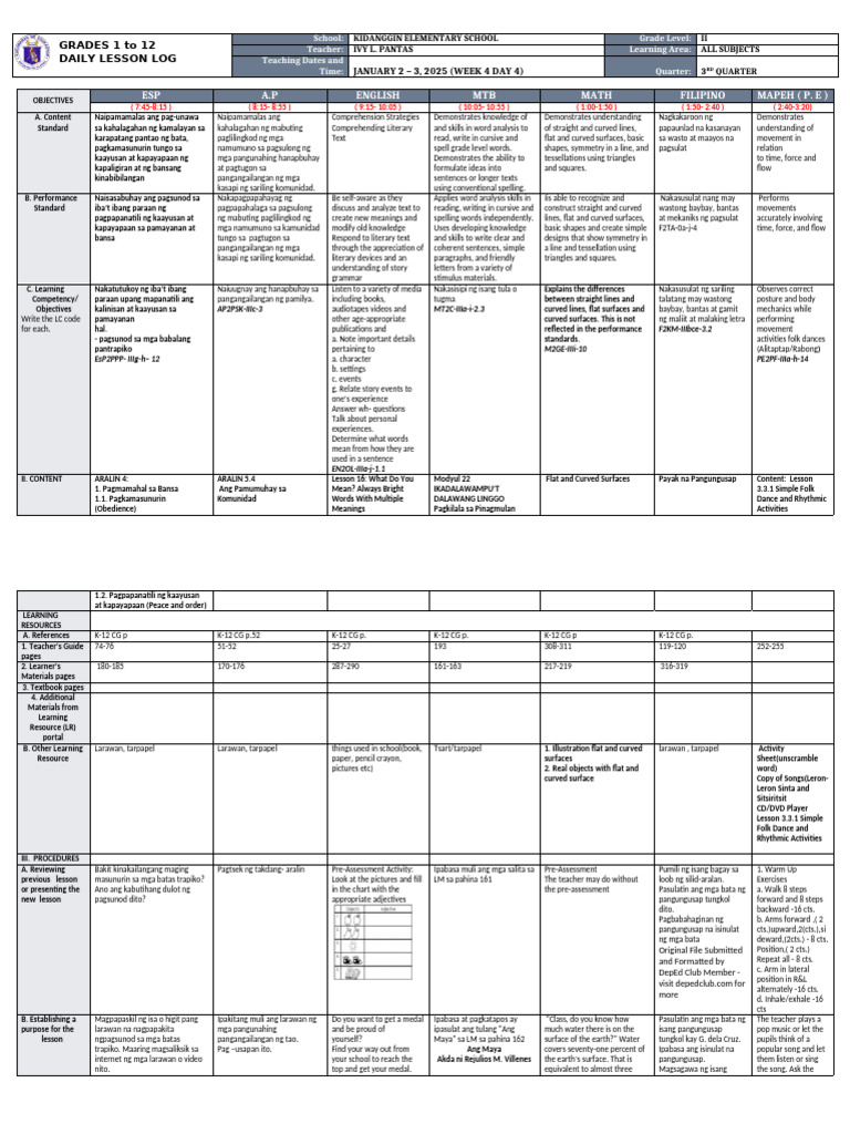 DLL_ALL SUBJECTS 2_Q3_W4_D4 | PDF | Reading Comprehension