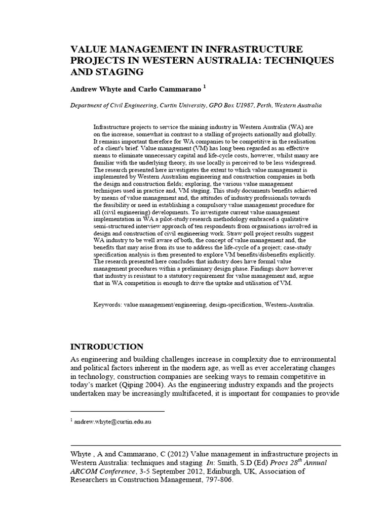 Value Management in WA Infrastructure Projects | PDF | Cost–Benefit ...