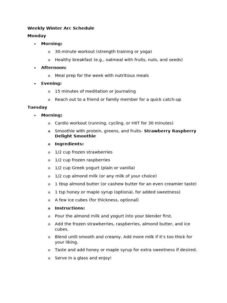 Weekly Winter Arc Schedule | PDF | Smoothie | Almond