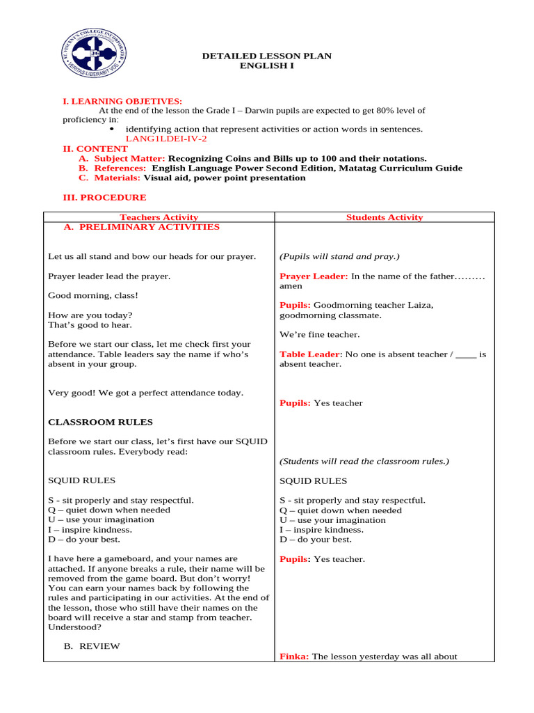 Detailed Lesson Plan English | PDF | Teachers | Lesson Plan