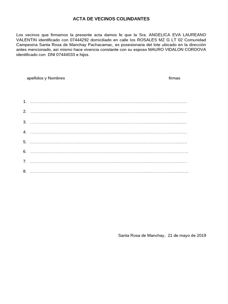 Acta de Vecinos Colindantes 2019 | PDF