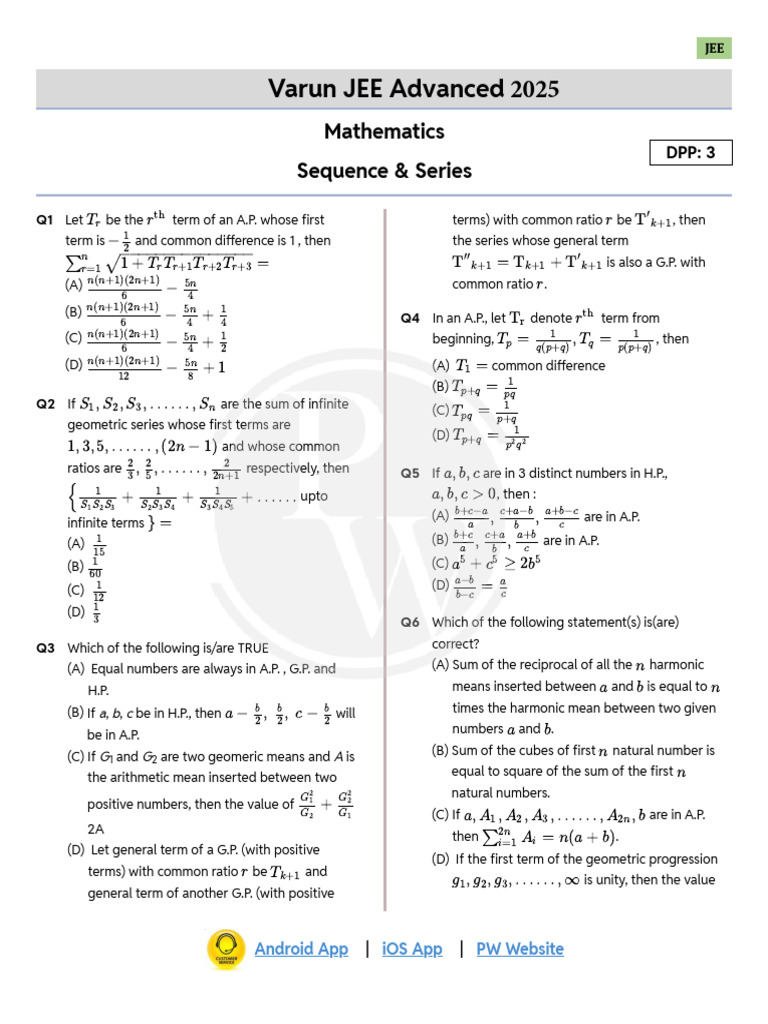 Sequence & Series _ DPP 03 __ Varun JEE Advanced 2025 | PDF | Mathematics | Arithmetic