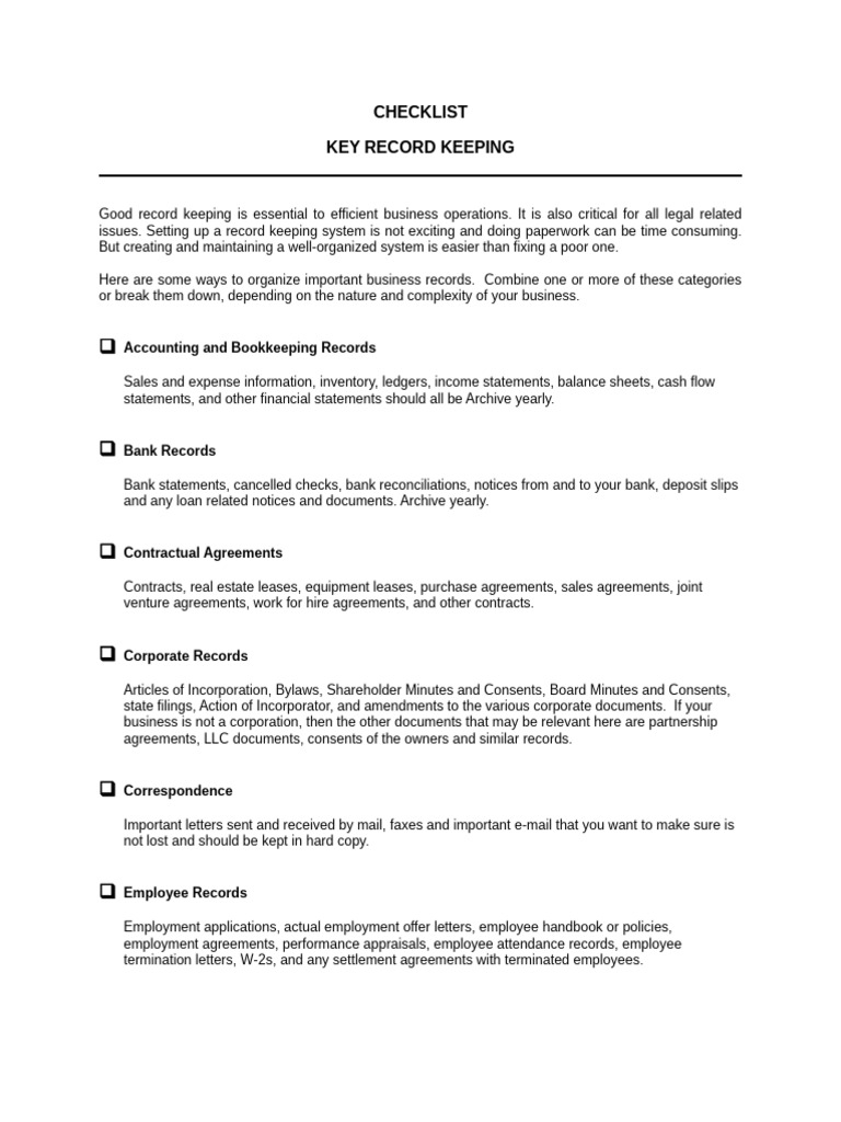 Checklist - Key Record Keeping | PDF | Employment | License